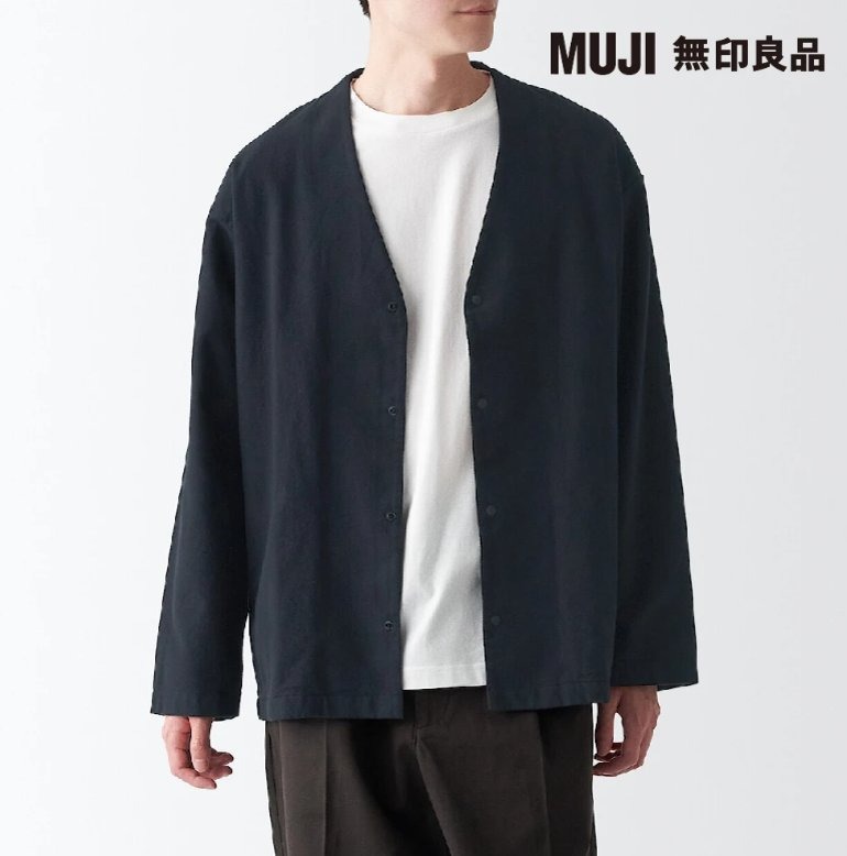 NEW 全新 || MUJI 無印良品 L 低調黑 法蘭絨 開襟衫 外套 雙側口袋, 他的時尚, 上衣與西裝, 背心在旋轉拍賣