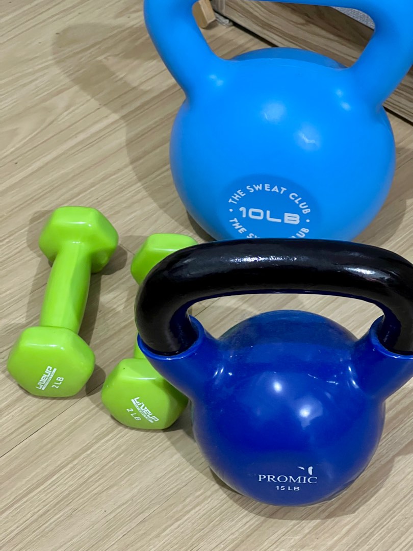 [SOLD AS SET / BUNDLE] Kettlebells and Pair of Dumbbells (10LB, 15LB, 2 ...