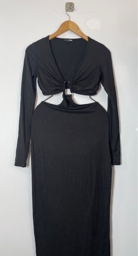 Black Cut out long dress with slit on the side, Women's Fashion ...