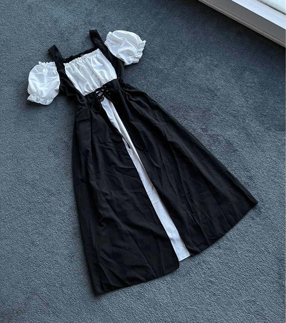 Long Dress sabrina Princess core Cottage core hitam putih korset tali ...