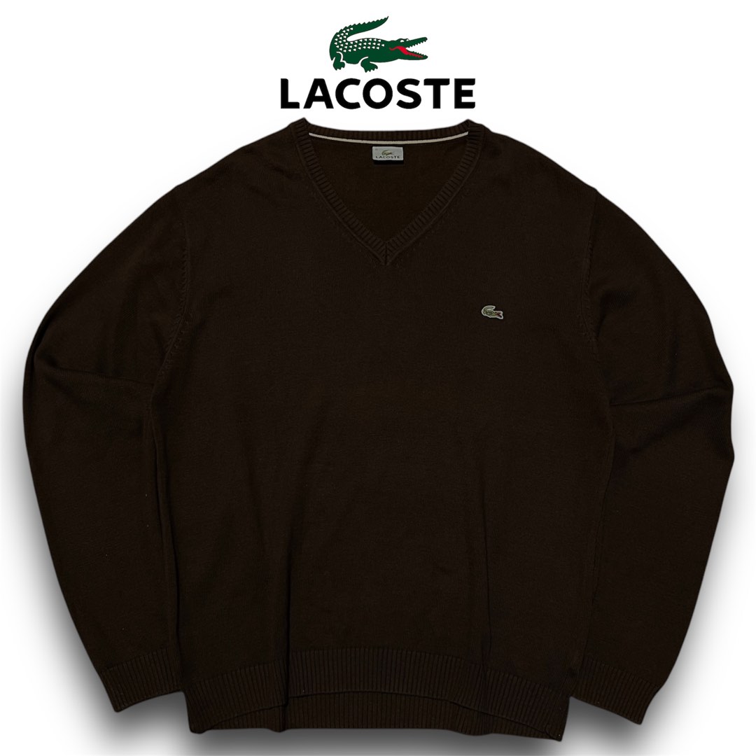 Authentic Lacoste Choco Brown Knitted V-Neck Pullover, Luxury, Apparel ...