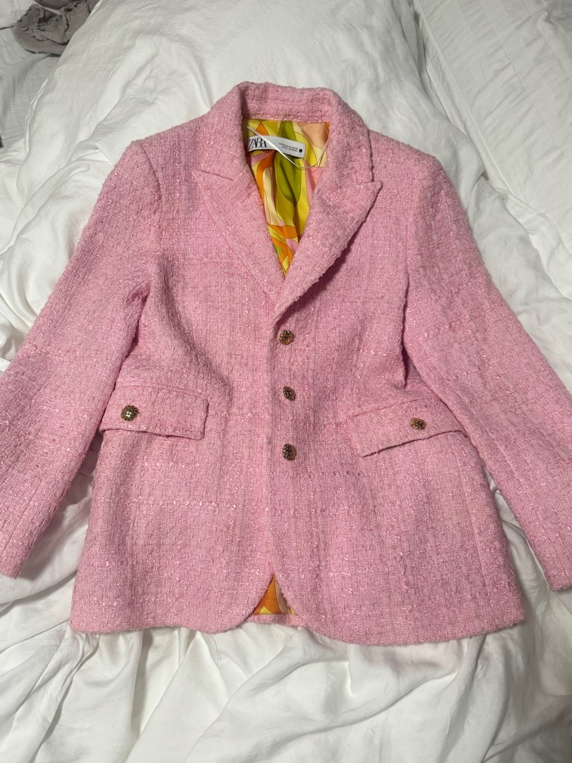 Zara pink tweed blazer, Women's Fashion, Coats, Jackets and Outerwear ...