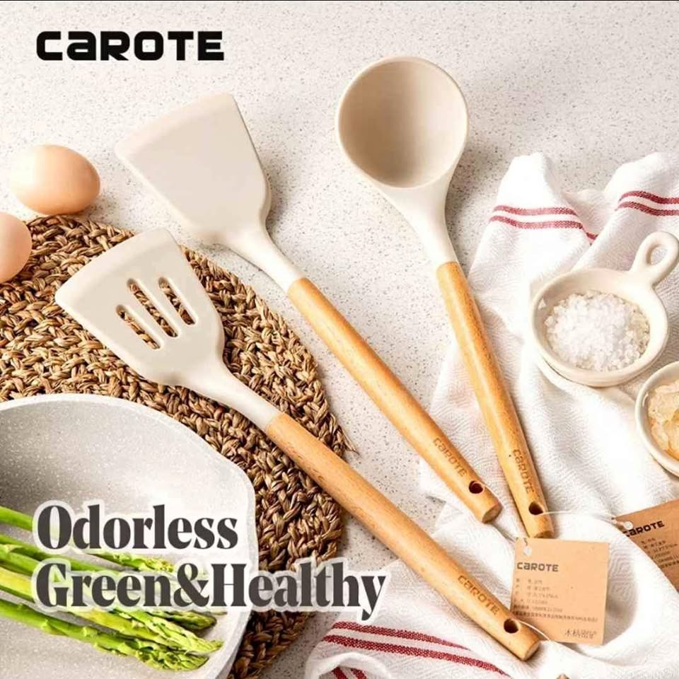 Carote Silicone Utensils 3-Pc Set (New) Wooden Handle, Furniture & Home ...