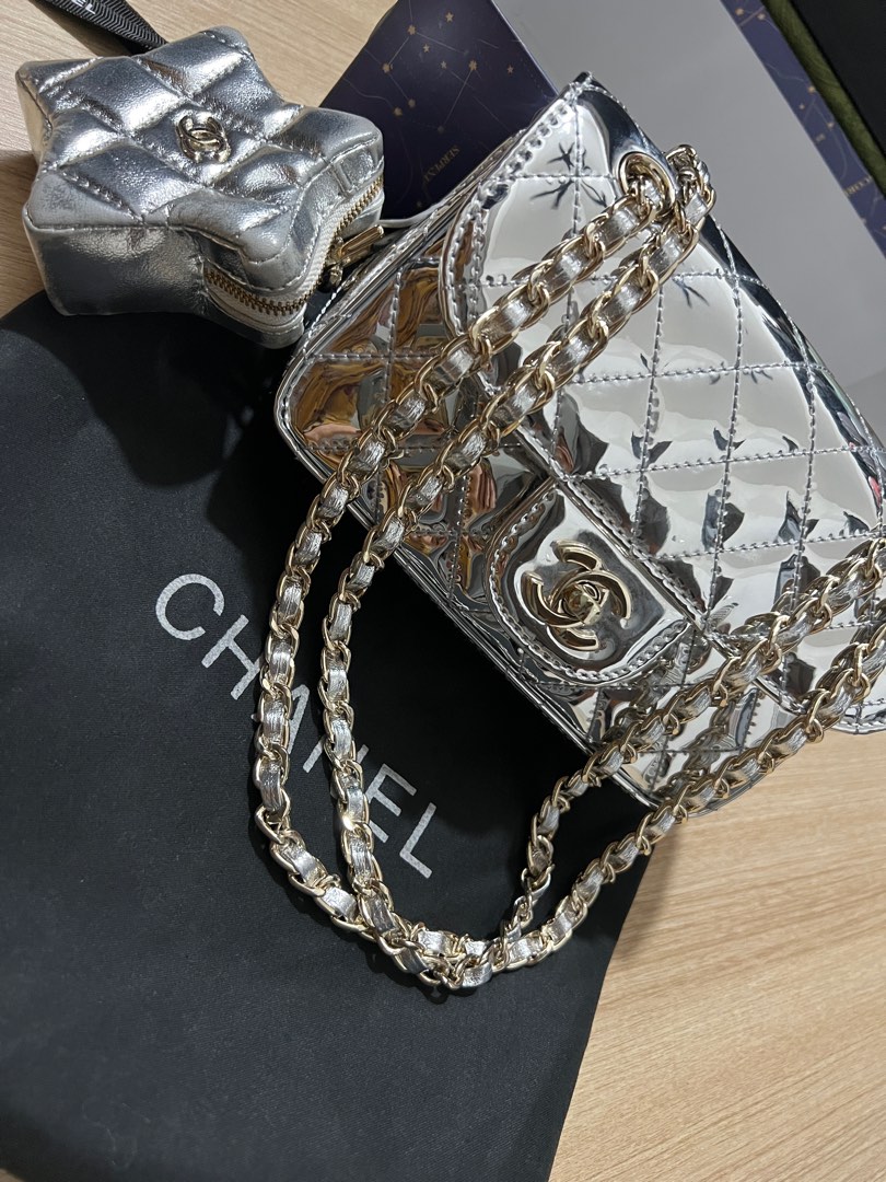Chanel 24C Metallic Silver Calfskin Mini Flap Bag & Star Coin, Luxury ...
