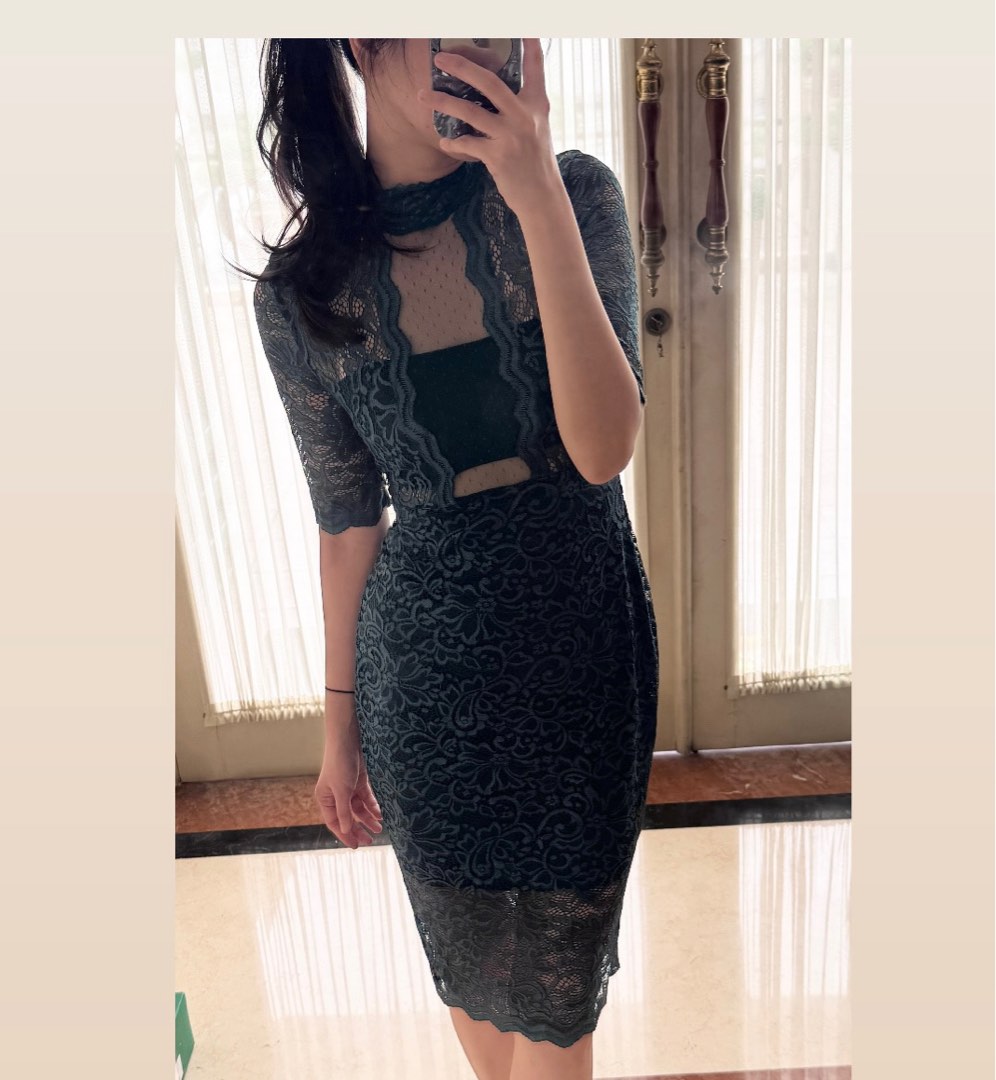 FULL lace dress. Warna deep green. Rare unik cocok untuk imlek atau ...