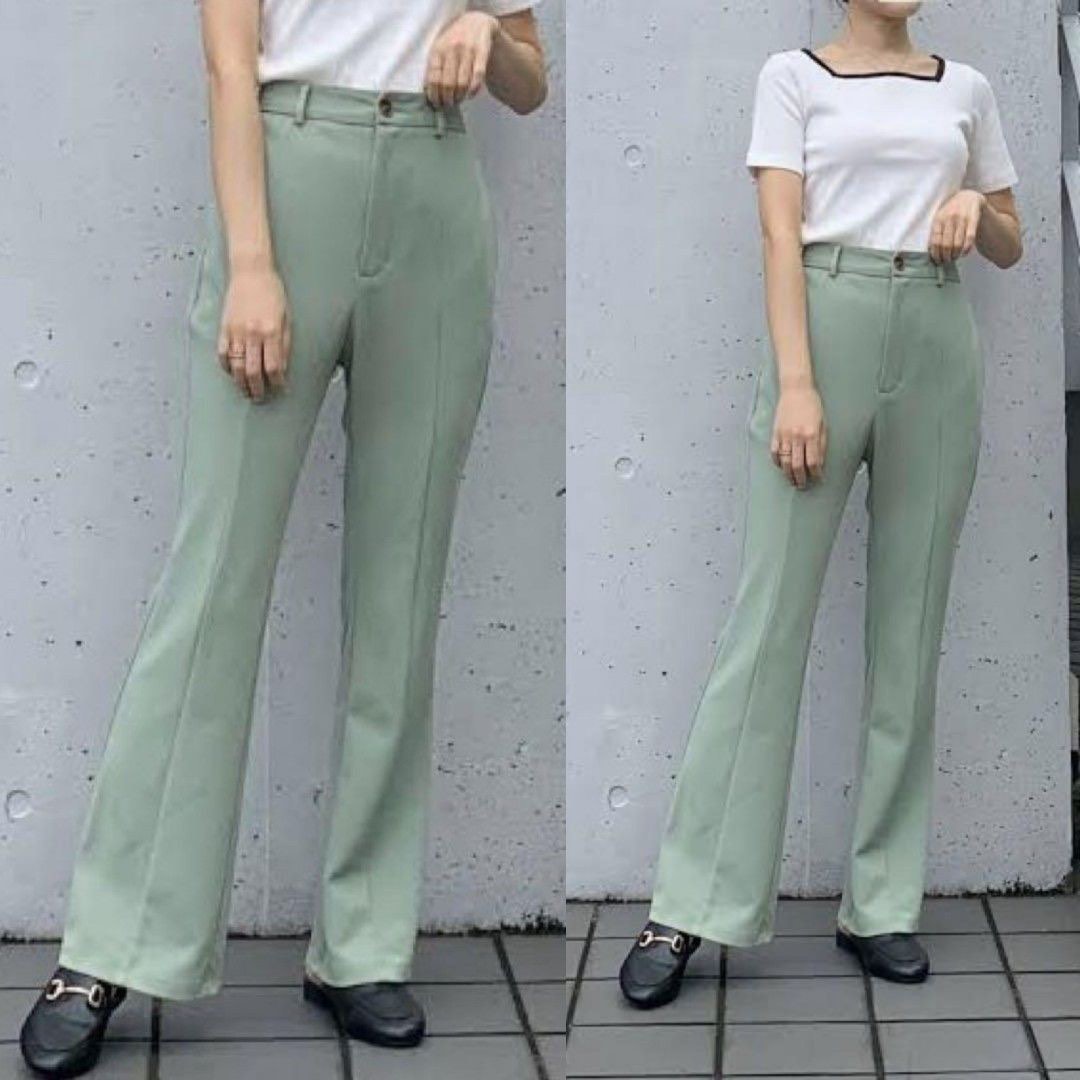 GU Uniqlo Green Highwaisted Flared Trousers Garterized, Women's Fashion ...
