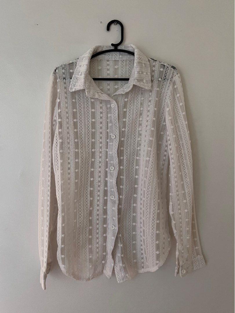 White see through polo, Women's Fashion, Tops, Longsleeves on Carousell