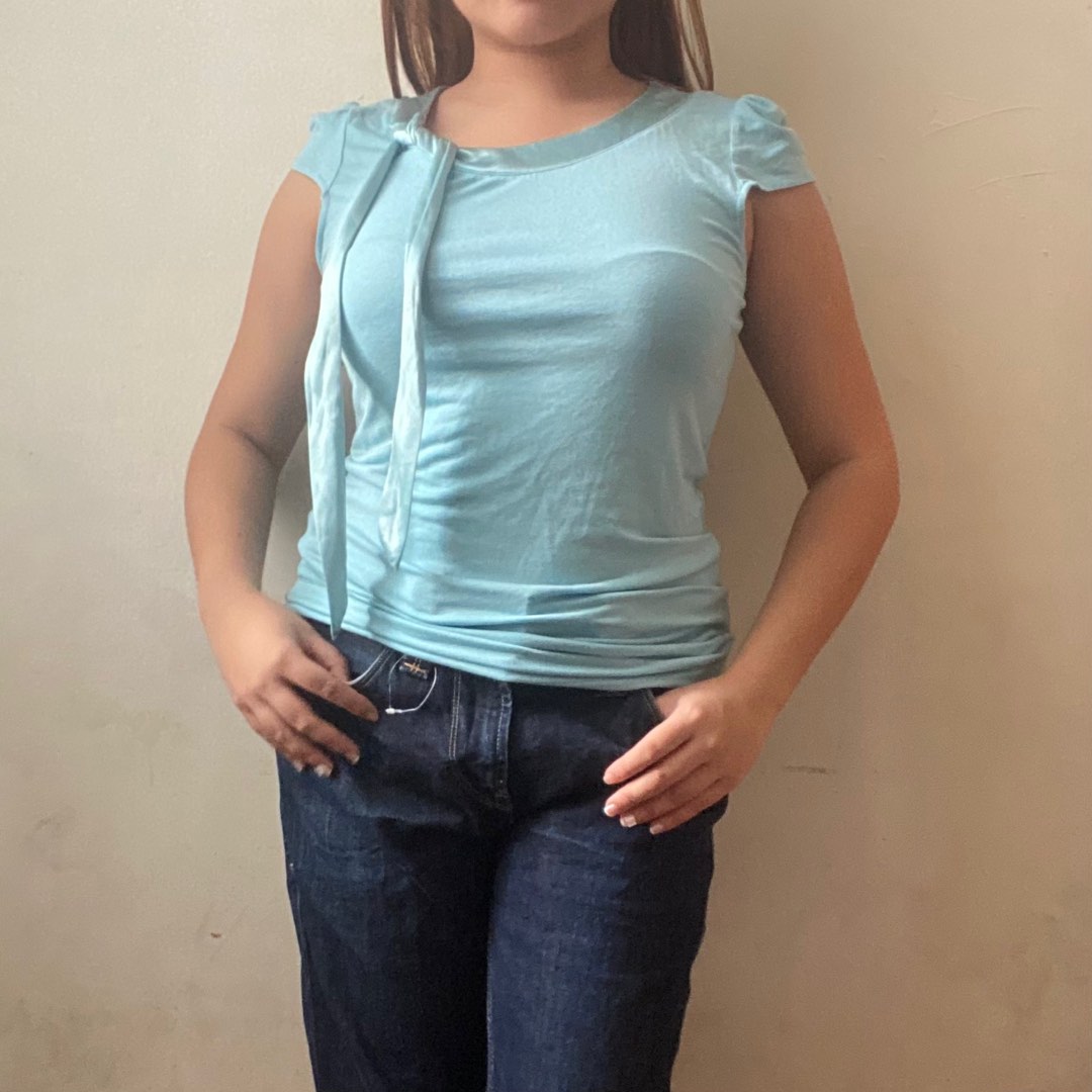 Authentic vintage aqua blue top with tie up details, Women's Fashion ...