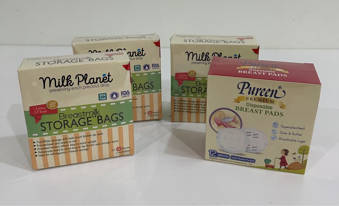 Breast milk storage bags (3 boxes) + Pureen breast pads (1 box), Babies ...