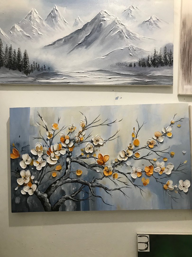 lukisan ranting pohon bubga white & orange texture | lukisan dinding ...