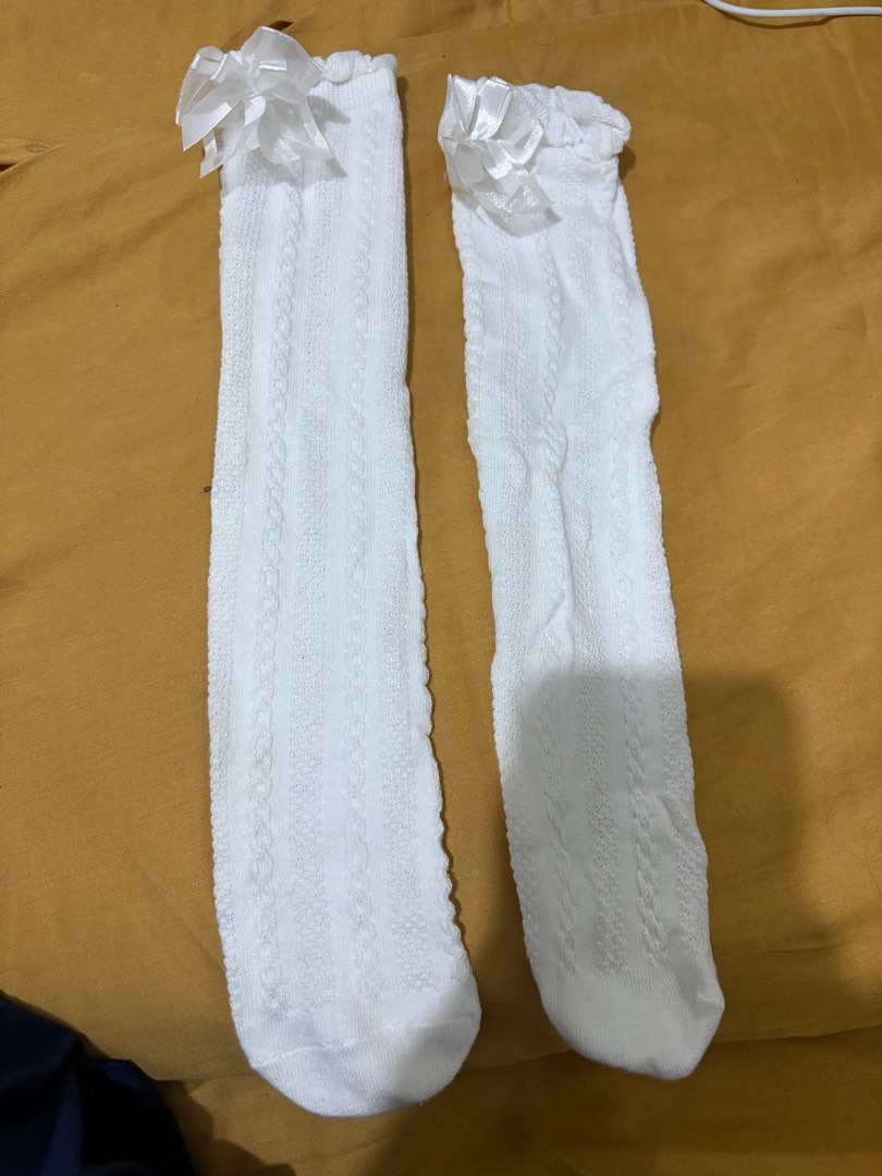 White knee high socks with ribbon long and cute, Women's Fashion ...