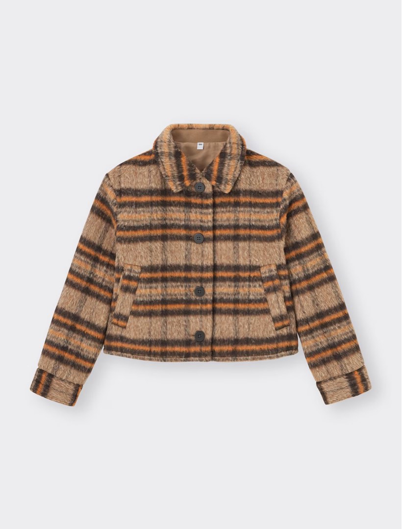 GU Brown Shaggy Checked Jacket, Women's Fashion, Coats, Jackets and ...