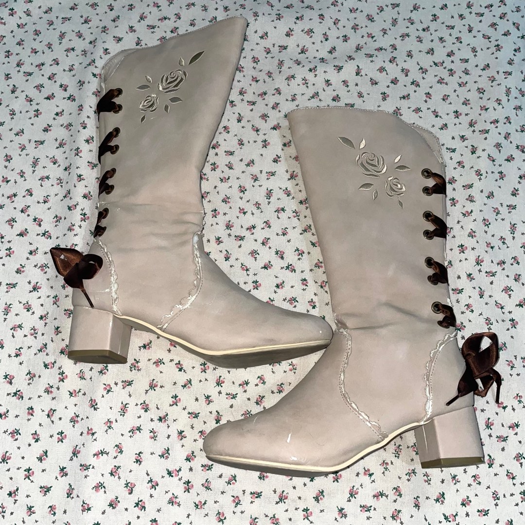 axes femme shoujo morikei lace up knee boots pink detail cute japanese fashion, Women's Fashion ...