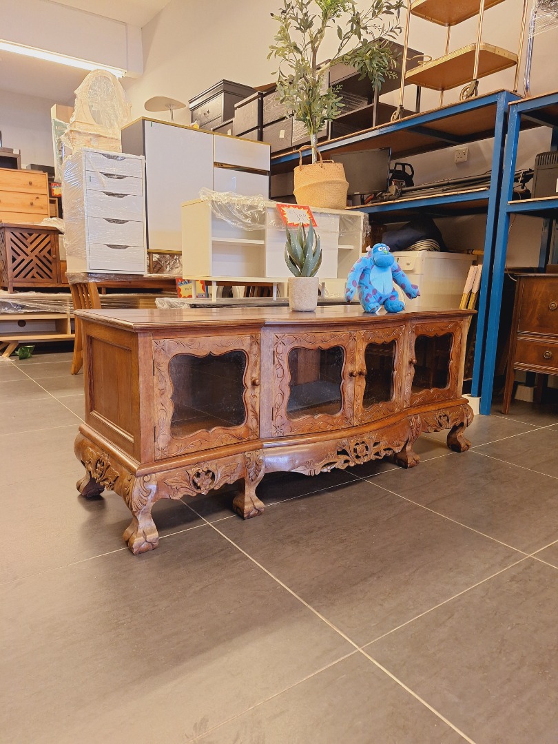 Classic European Rococo Solid Brown Wooden Carved Sideboard w/ Glass ...