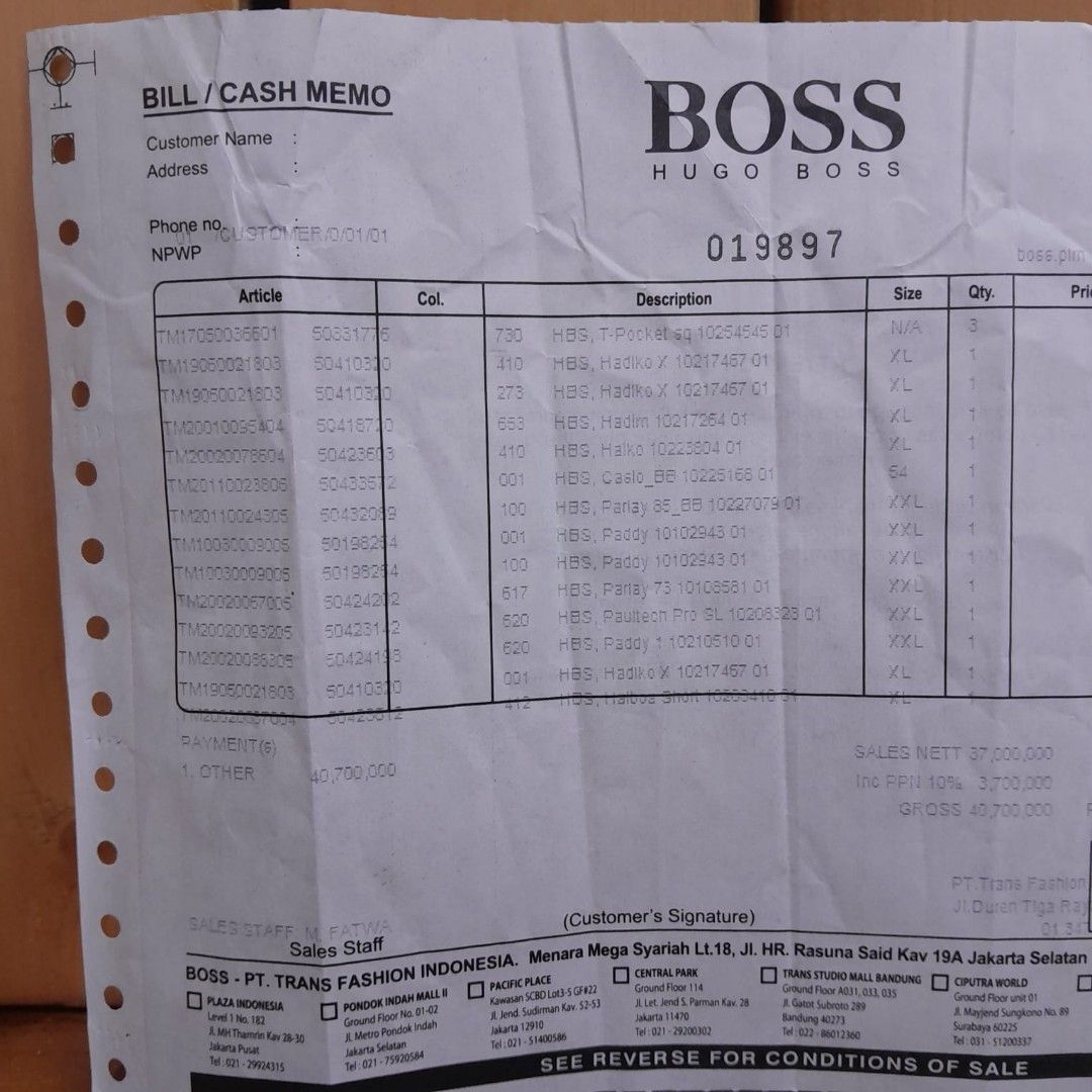 NOTA AMPLOP RECEIPT BON INVOICE AUTHENTIC ORIGINAL HUGO BOSS, Serba ...