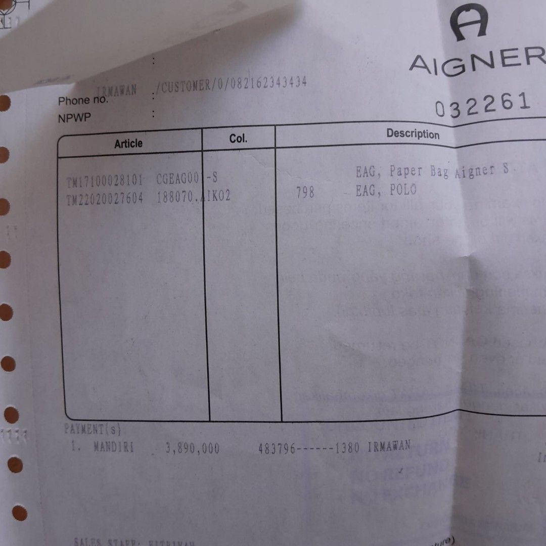 NOTA AMPLOP RECEIPT BON INVOICE AUTHENTIC ORIGINAL AIGNER, Serba Serbi ...
