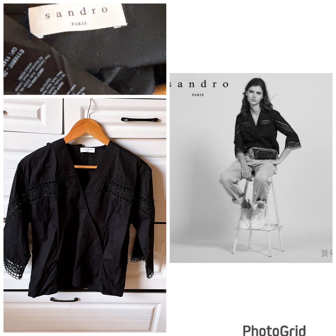 Sandro Black Combi Eyelet Top, Women's Fashion, Tops, Blouses on Carousell