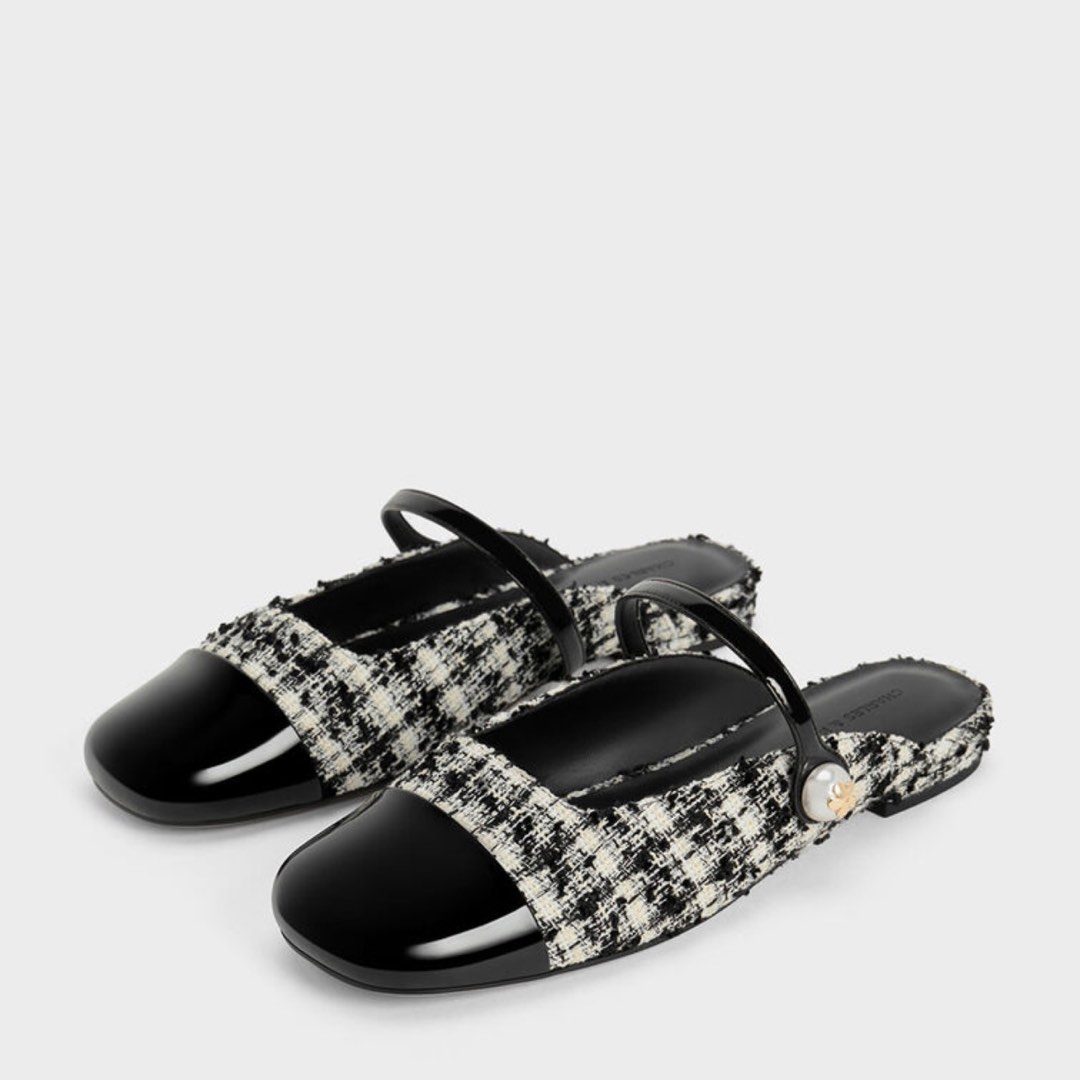 Charles and Keith Aeryn Tweed Pearl Embellished Flat Mules, Women's ...