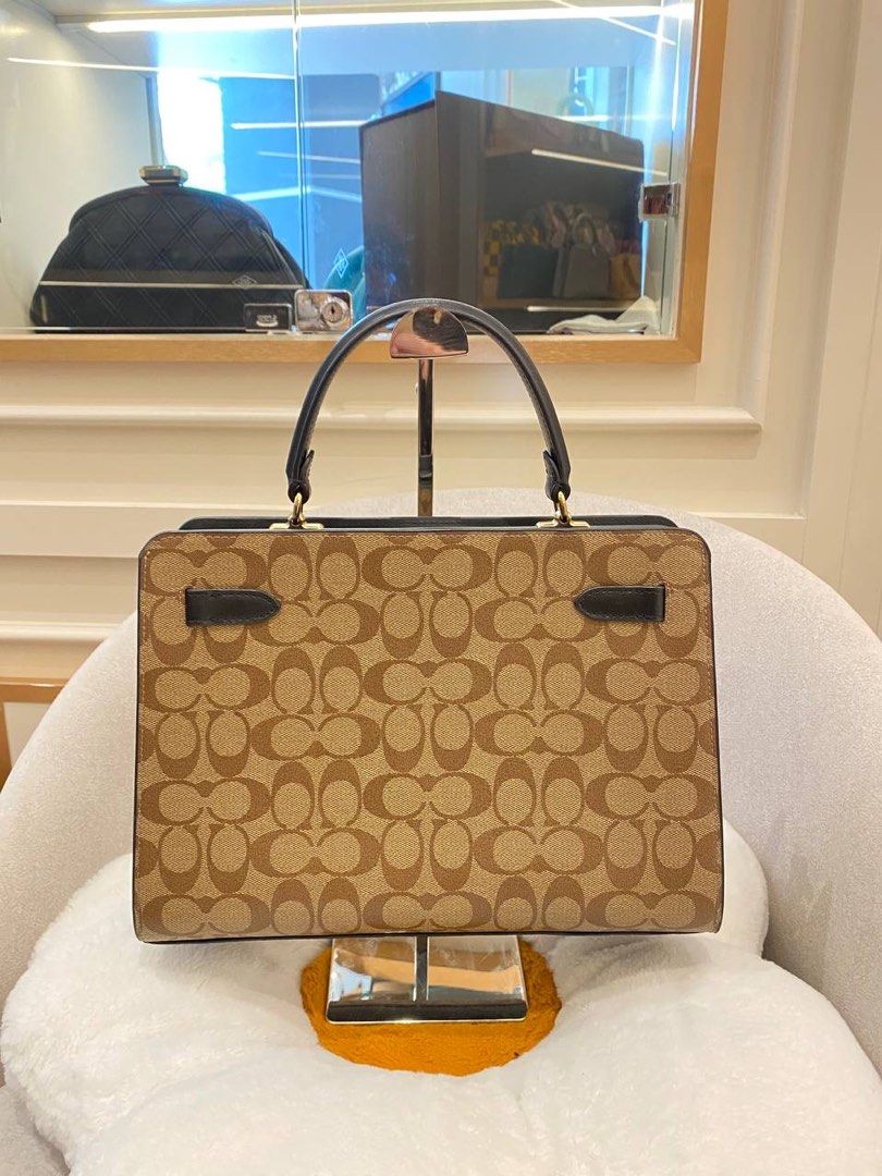 COACH LANE CARRYALL BLOCKED SIGNATURE KHAKI BROWN MULTI WITH LEATHER ...