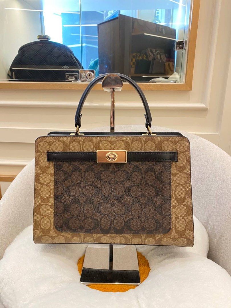 COACH LANE CARRYALL BLOCKED SIGNATURE KHAKI BROWN MULTI WITH LEATHER ...