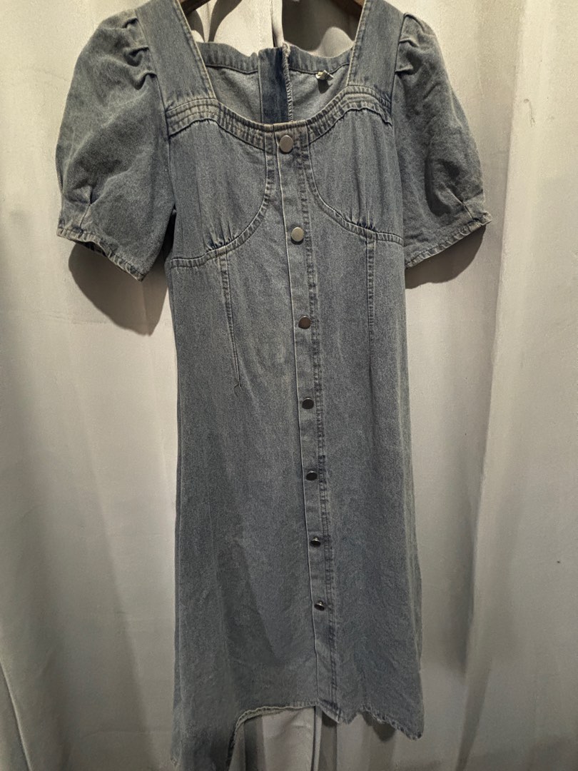 Denim maong puff sleeves dress maxi dress, Women's Fashion, Dresses ...