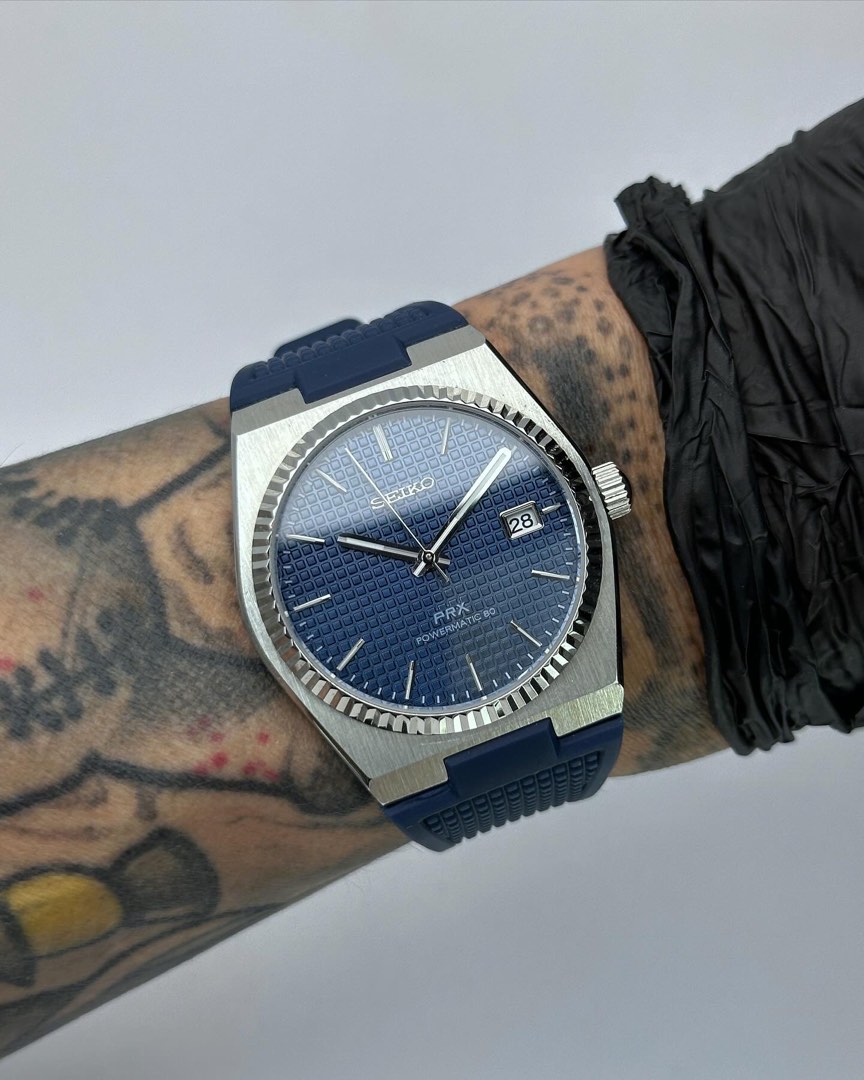 Custom Seiko Mod 40mm Blue Fluted PRX Rubber Strap Automatic Watch, Men ...