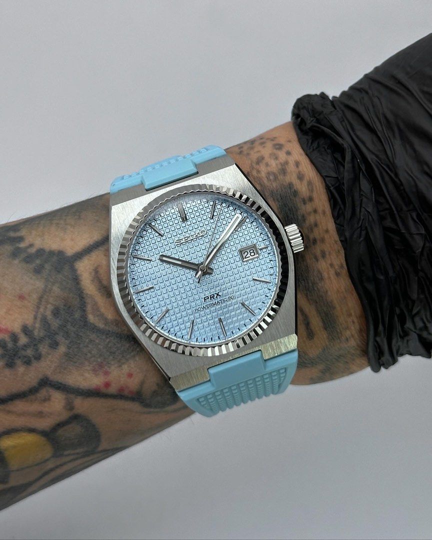Custom Seiko Mod 40mm Ice Blue Fluted PRX Rubber Strap Automatic Watch ...