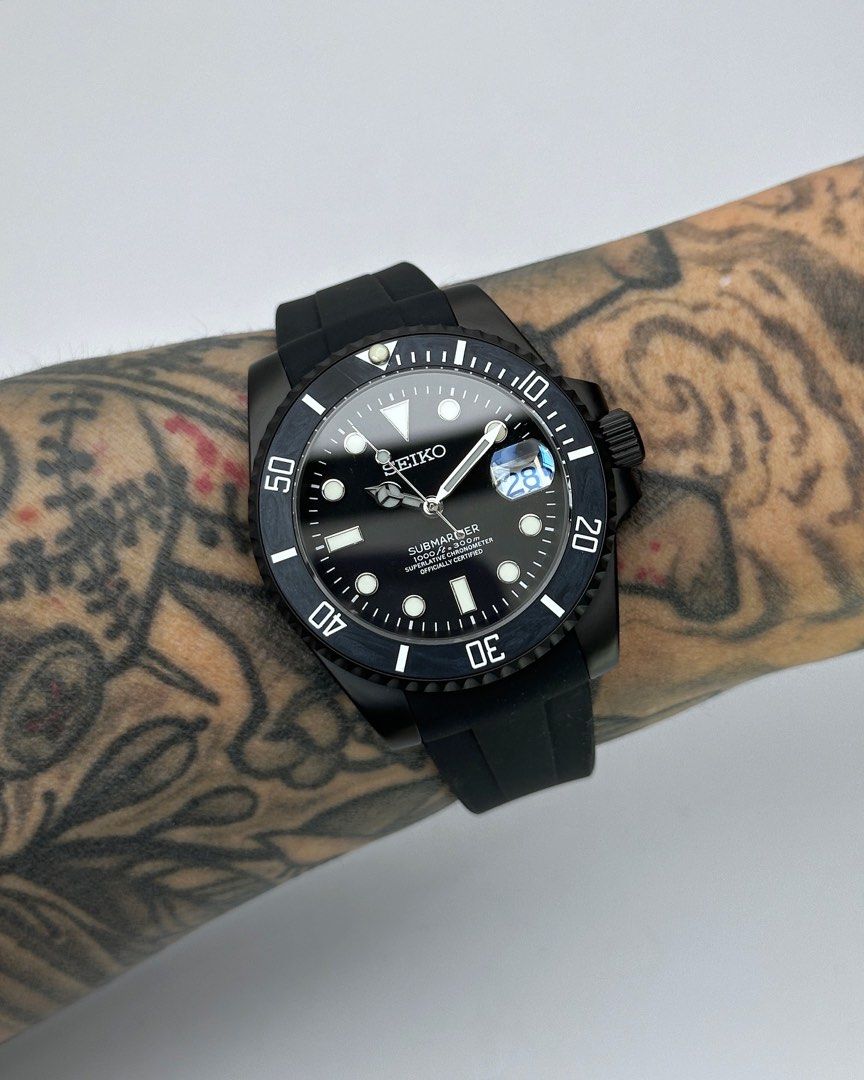 Custom Seiko Mod 40mm Matte Black Submariner Carbon Bezel Automatic ...