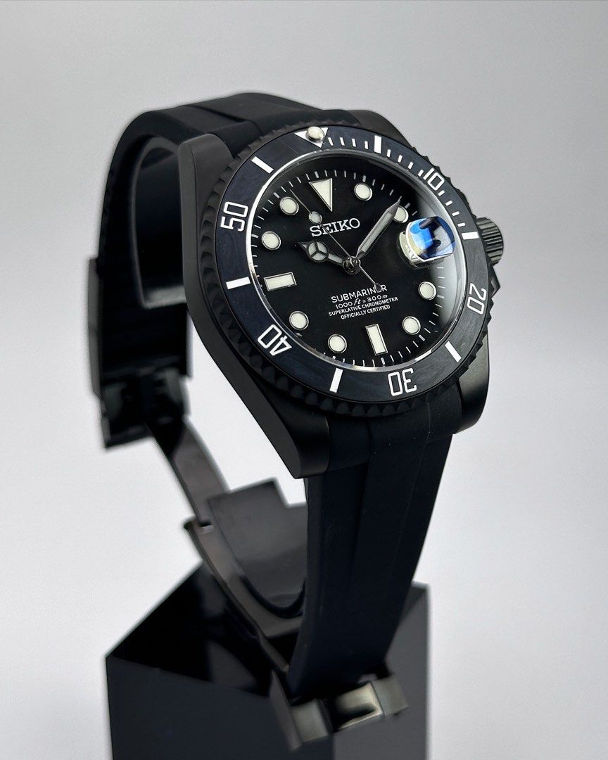 Custom Seiko Mod 40mm Matte Black Submariner Carbon Bezel Automatic ...