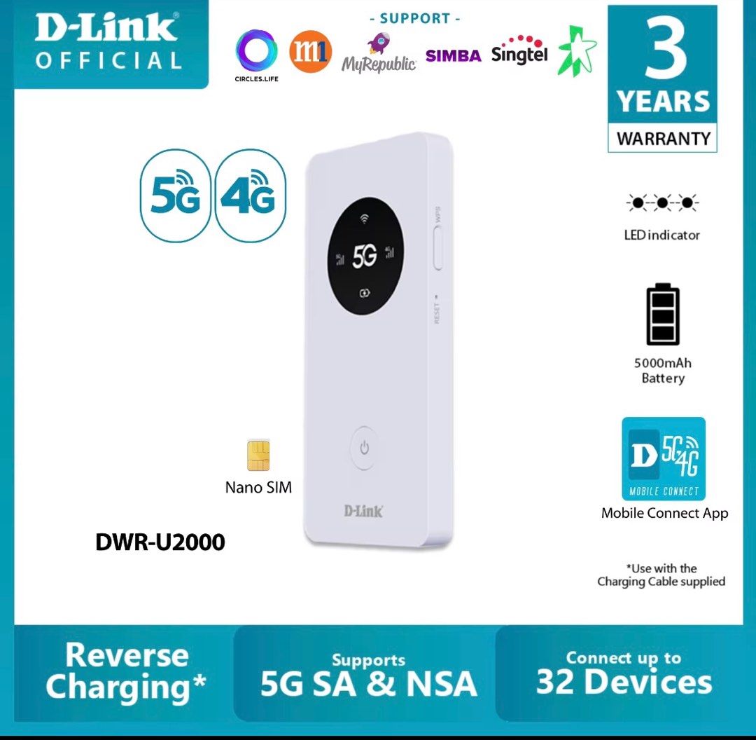 D-Link DWR-U2000 5G Mobile Router Wi-Fi Hostpot | 5G NR SA and NSA MiFi ...