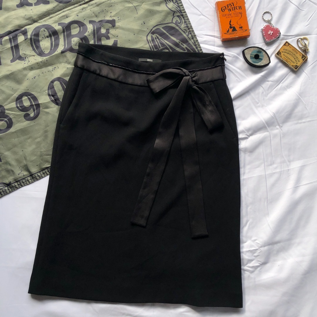 Hugo Boss Satin Ribbon Self Tie Beaded Goth Coquette Black Midi Skirt ...