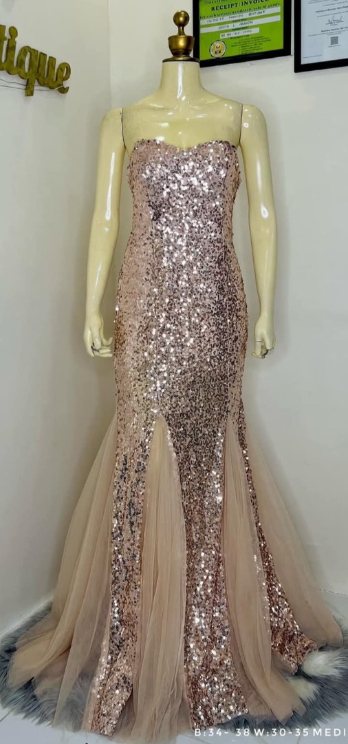 Preloved used once peach long gown, Women's Fashion, Dresses & Sets ...