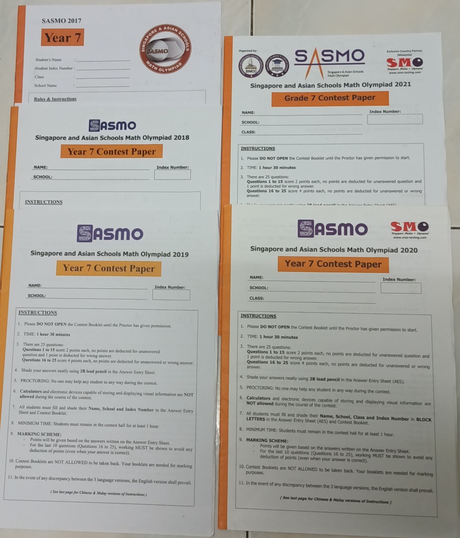 SASMO Year 7 Contest Paper 2017, 2018, 2019, 2020, 2021 (5 Set ...
