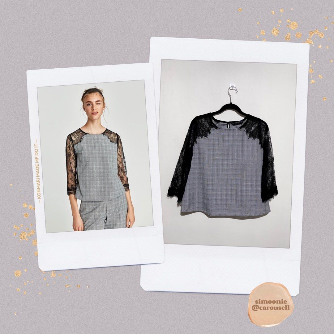 Zara Basic Collection Black & White Gingham 3/4 Lace Sleeves Blouse Top ...