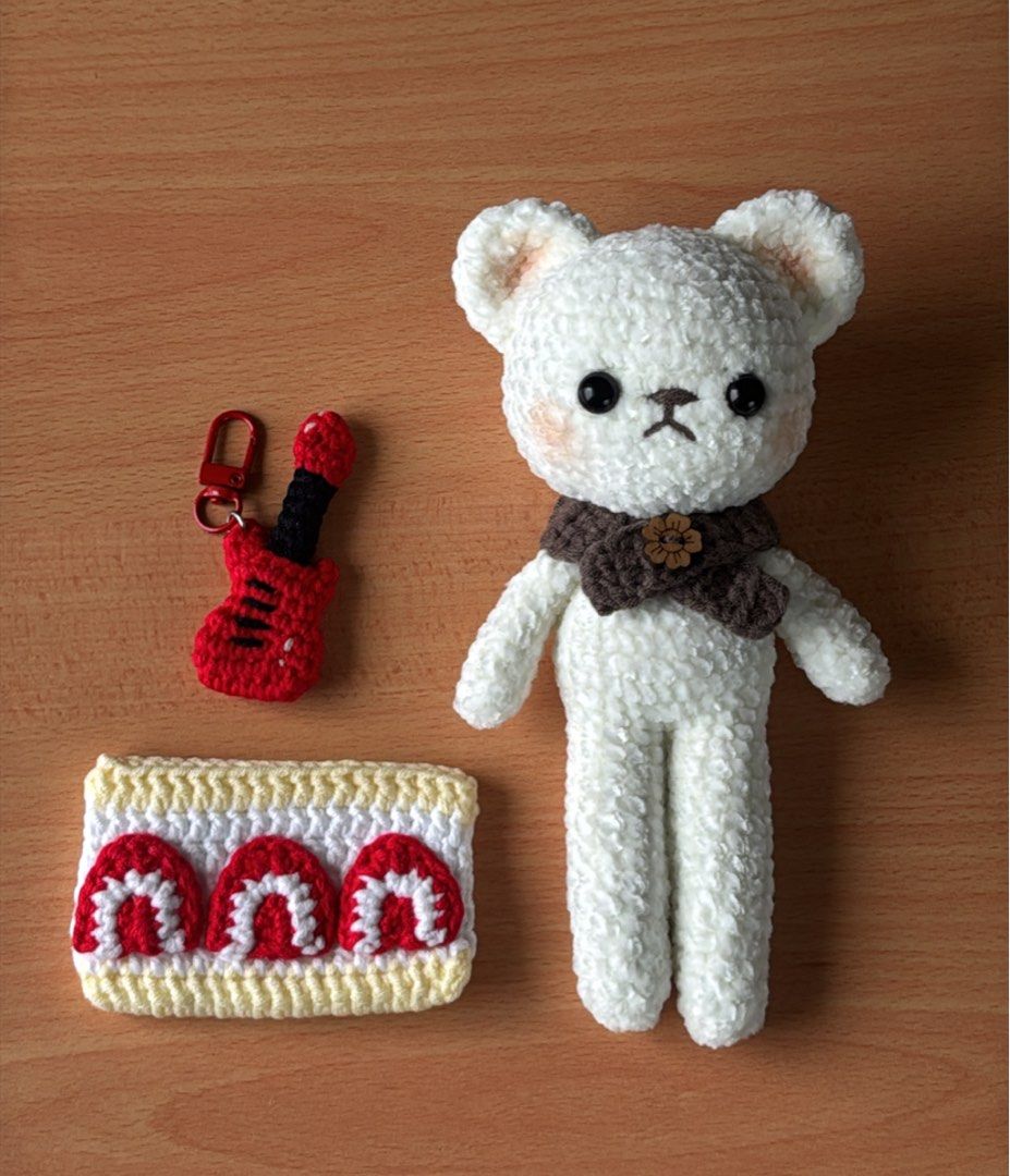 Handmade crochet bear plushie + guitar keychain + fruit pouch + crochet ...