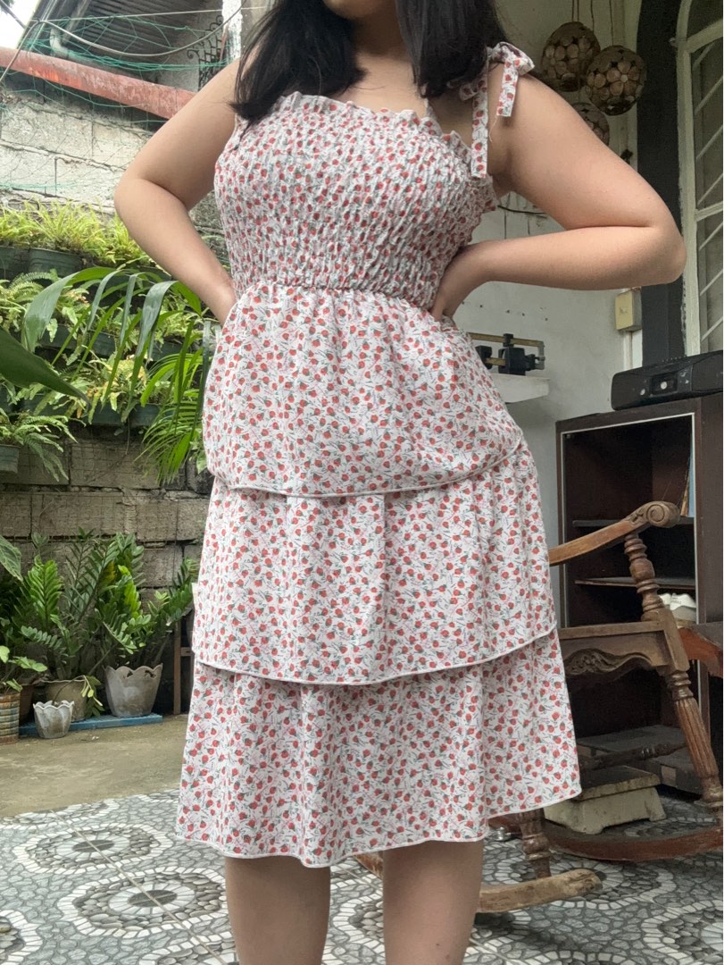 Rose Pattern Coquette Shirred and Layered Dress with Ribbon Strap ...