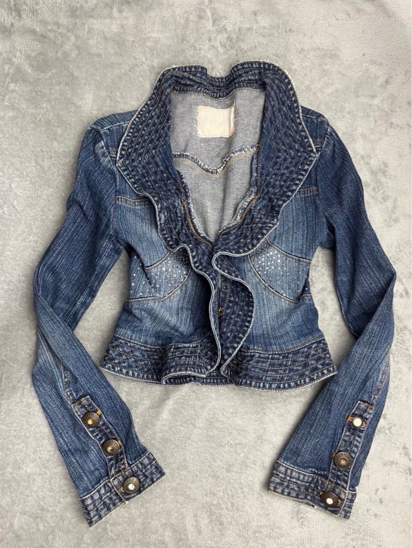 Y2k denim gyaru jacket with rhinestones and gems, Women's Fashion ...