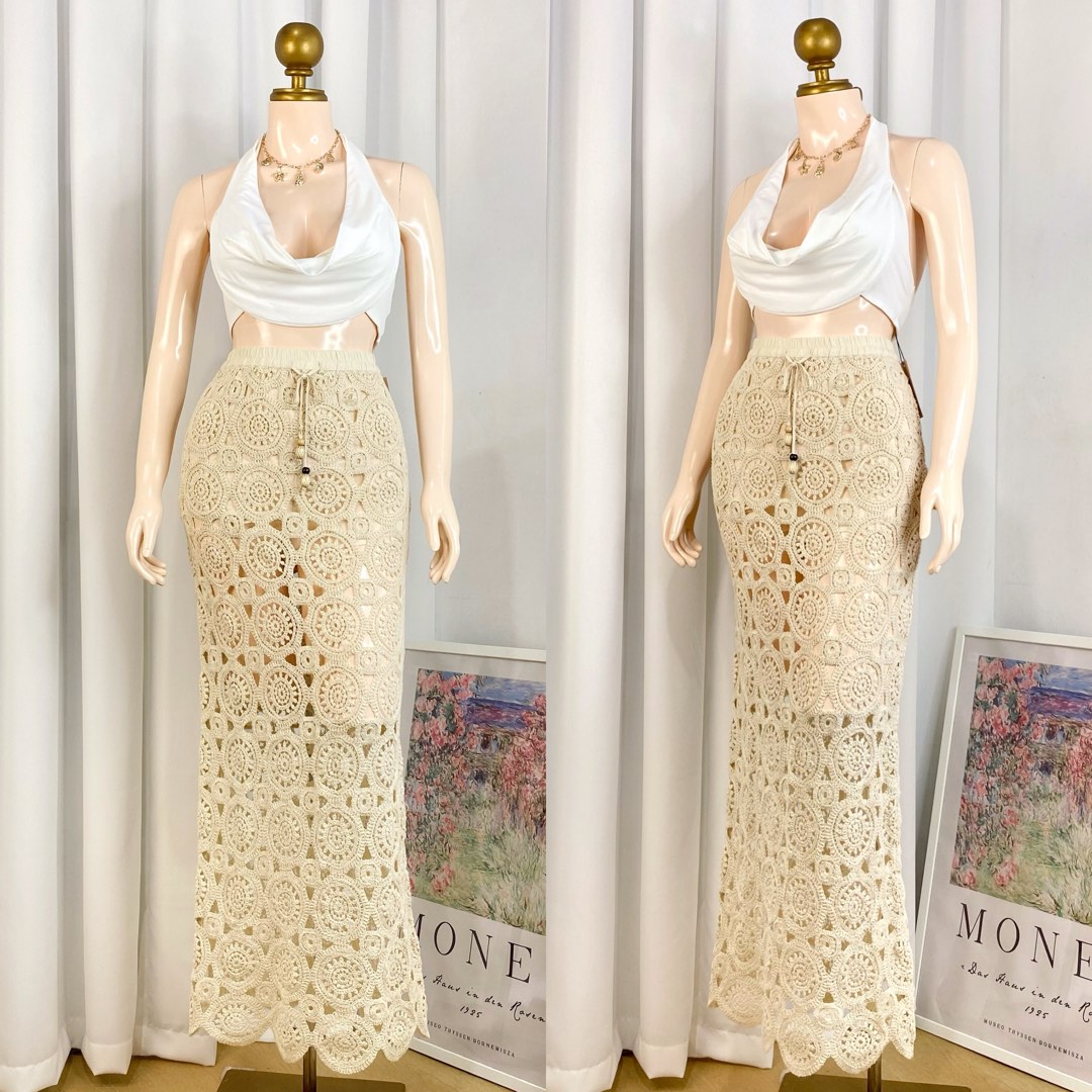 ZARA Summer Boho Crochet See-through Scallop Hem Long Skirt, Women's ...