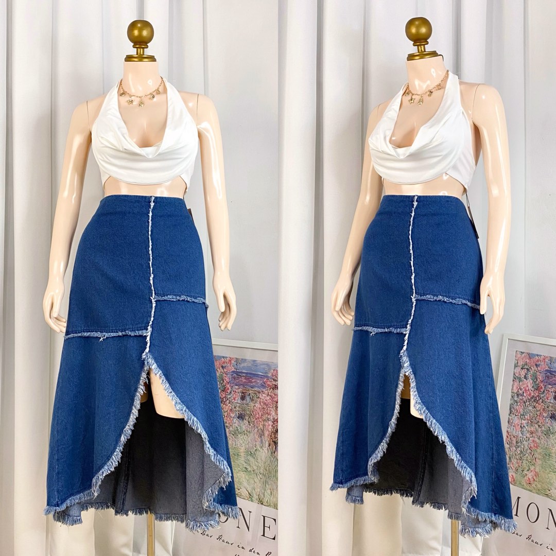 ZARA WOMAN Asymmetrical Tattered Hem High Waist Long Denim Skirt, Women ...