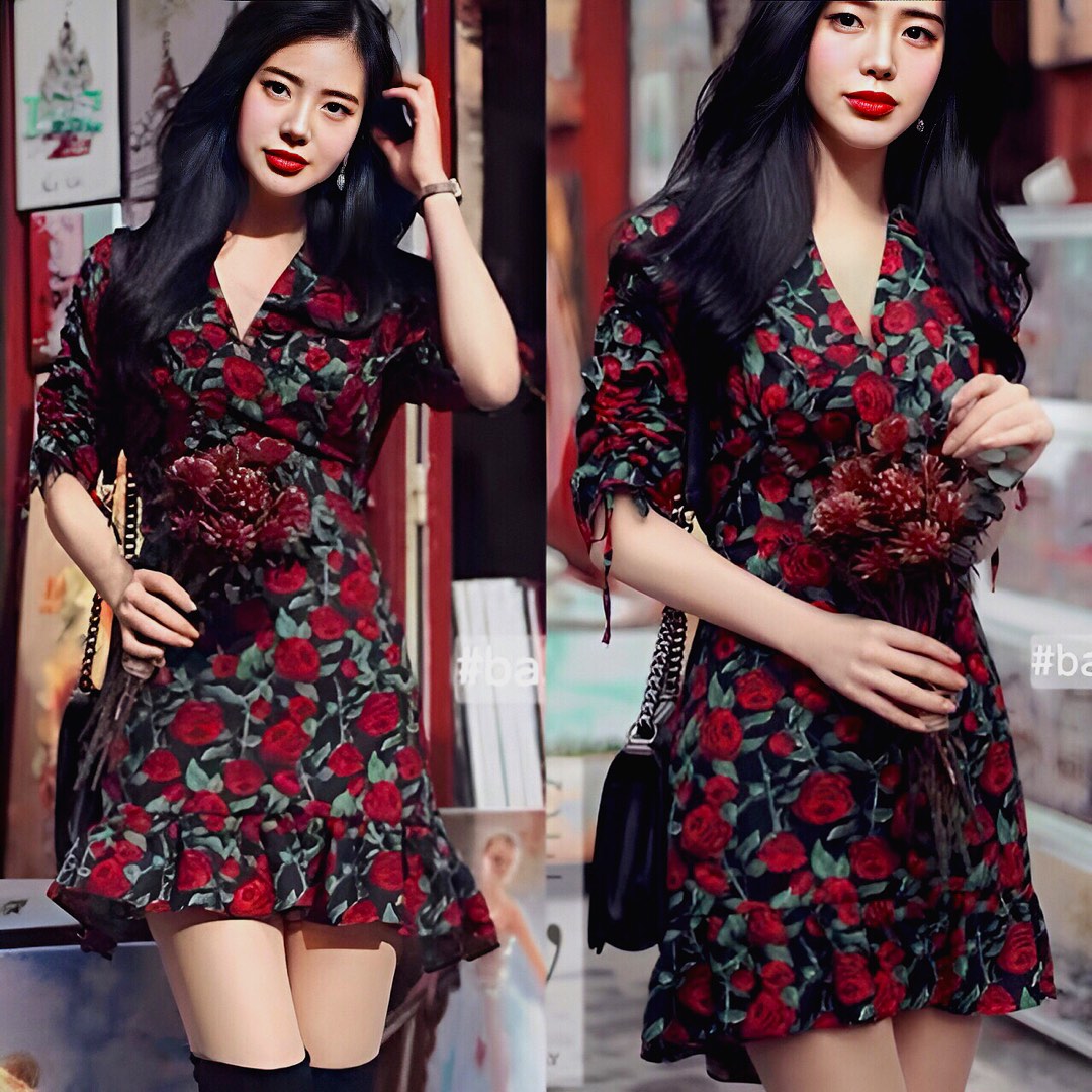 DRESS FLORAL/DRESS FLOWER/DRESS BUNGA/DRESS KOREAN/DRESS HITAM MAROON ...