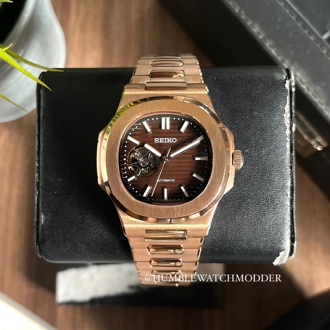 Seiko Mod Openheart Nautilus (Brown/Rose Gold), Men's Fashion, Watches ...