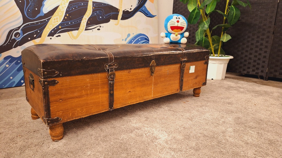 Vintage Solid Wooden Black Leather Top Storage Bench w/ Storage ...