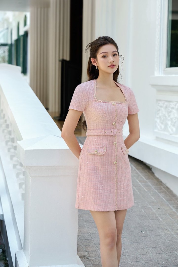 Chello AURORA BELTED TWEED MINI DRESS IN SOFT PINK, Women's Fashion ...