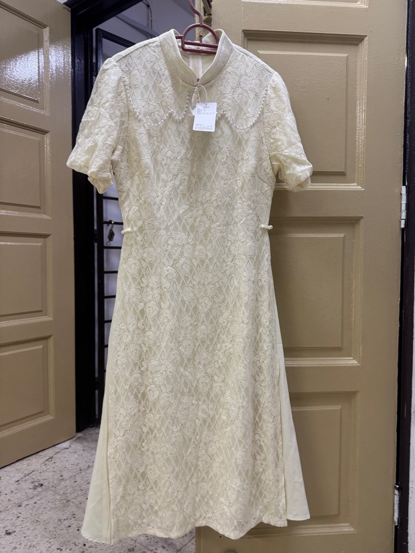 Cheongsam Dress With Pearls (Cream), Women's Fashion, Dresses & Sets ...