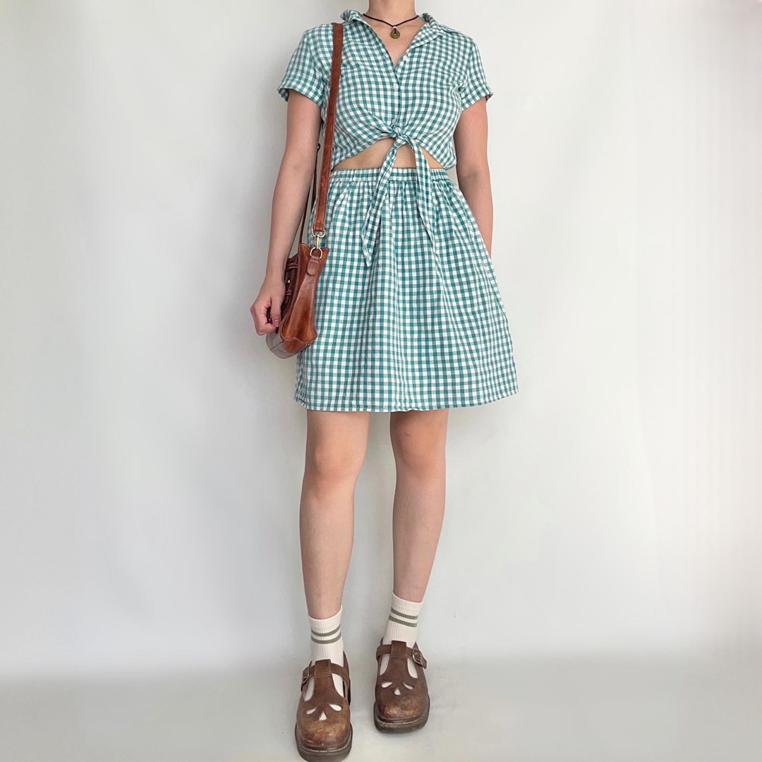 DD31 Green Gigham Tie Front Mini Dress | coquette cottagecore, Women's ...