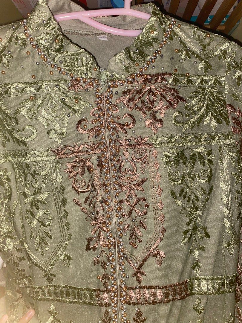 Kebaya Manik Modern Labuh Indonesia with Songket in Sage Green, Women's ...