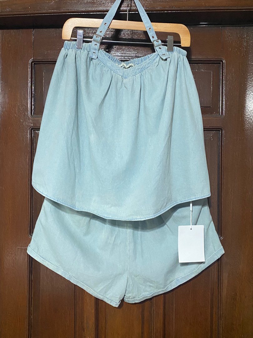 womens Denim set ( halter + shorts + tote bag ), Women's Fashion ...
