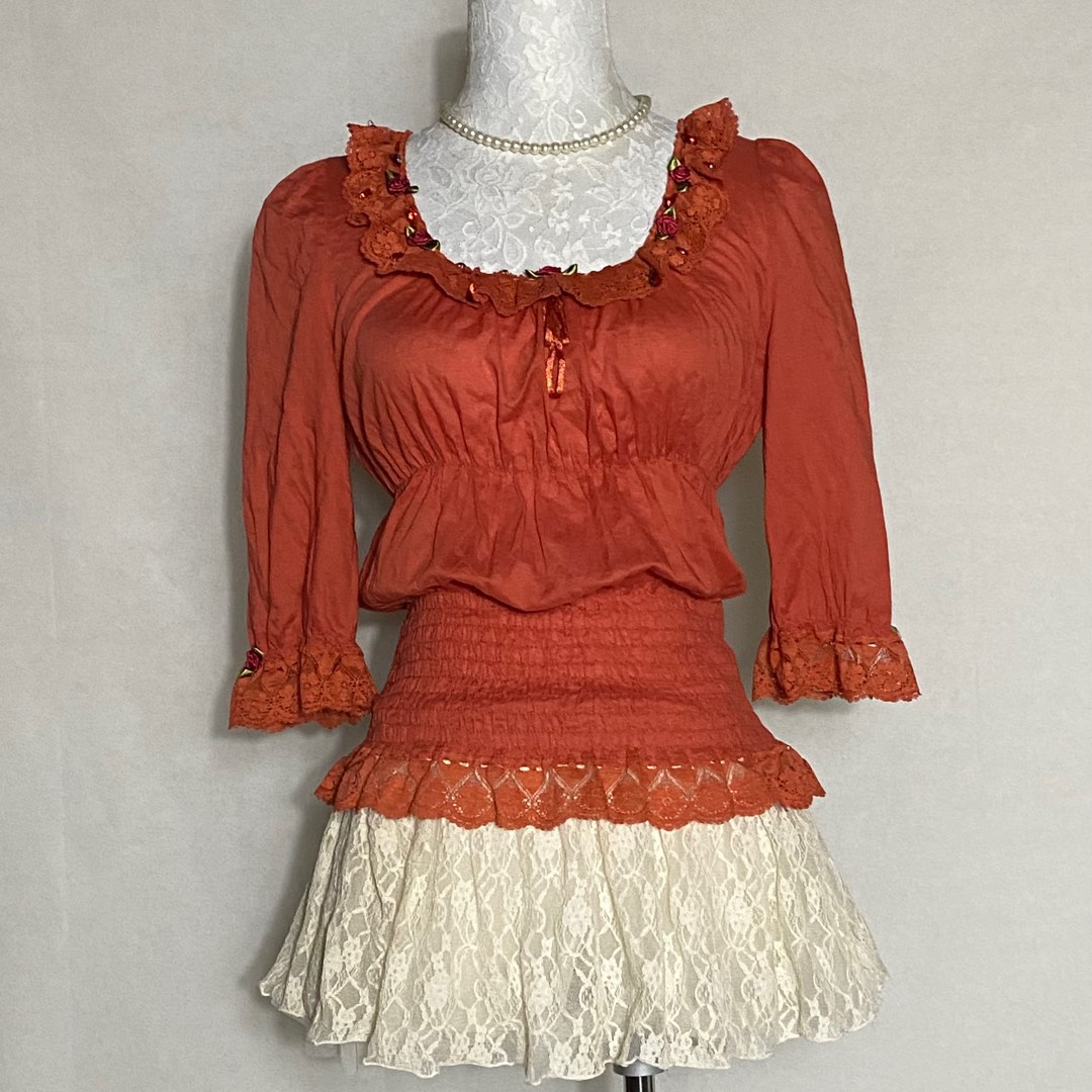 Coquette Orange Boat Neck Smocked Lace Ribbon Top with Rose and ...