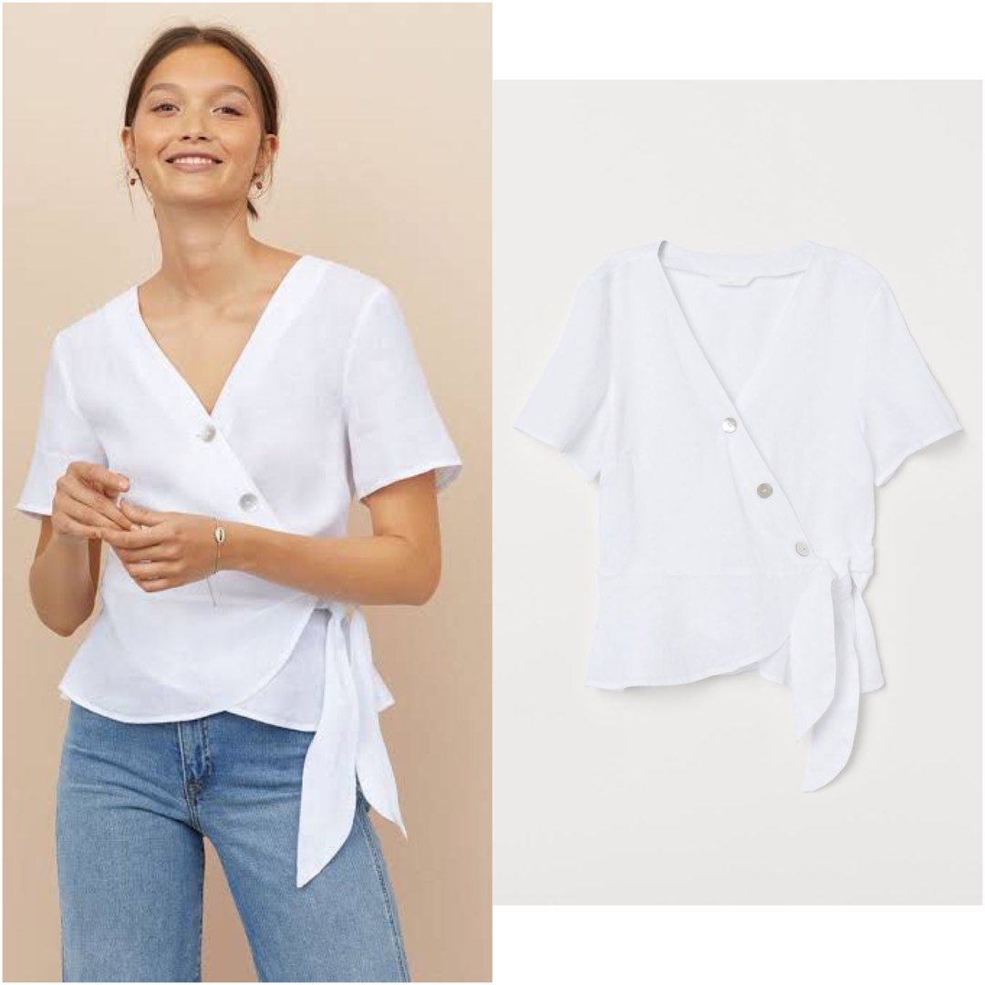 H&M linen wrap around top, Women's Fashion, Tops, Blouses on Carousell