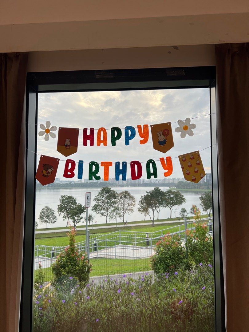 Miffy/Garden-themed birthday banner, fence, mushroom , butterfly ...
